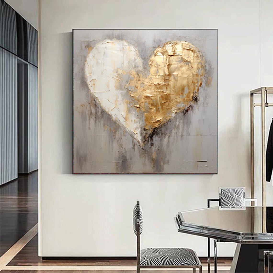 Extra Large Abstract Love Shape Wall Art,modern Gray Gold Painting ...