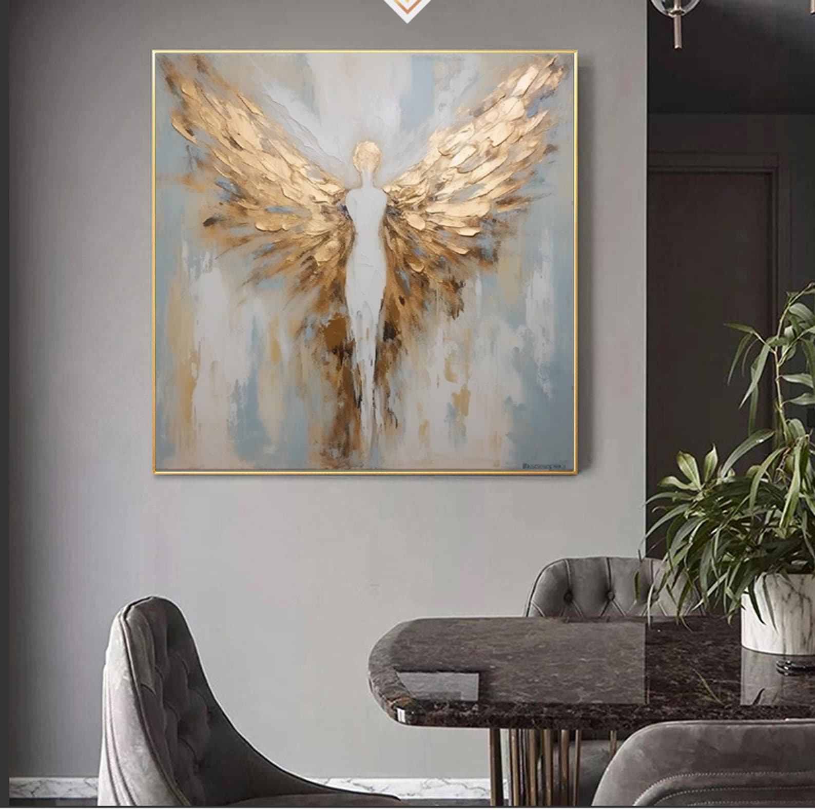 Extra Large Angel Wall Art,modern Gray Gold Figurative Abstract,acrylic ...
