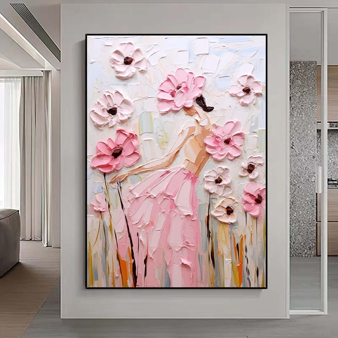 Impressionism Girl With Spring Flowers Painting on Canvas Palette Knife ...