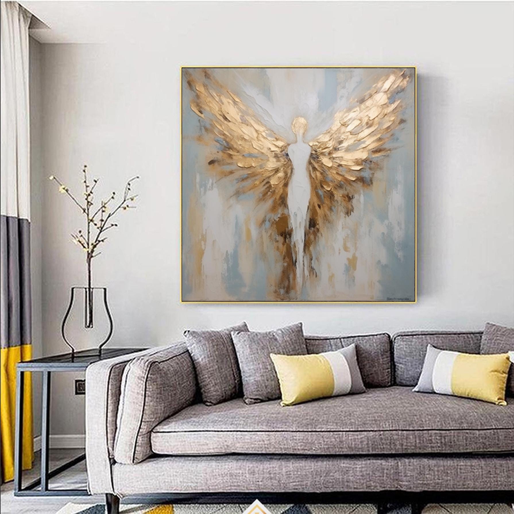 Extra Large Angel Wall Art,modern Gray Gold Figurative Abstract,acrylic ...