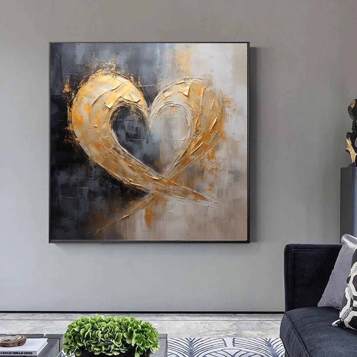 Extra Large Abstract Love Shape Wall Art,modern Gray Gold Painting ...