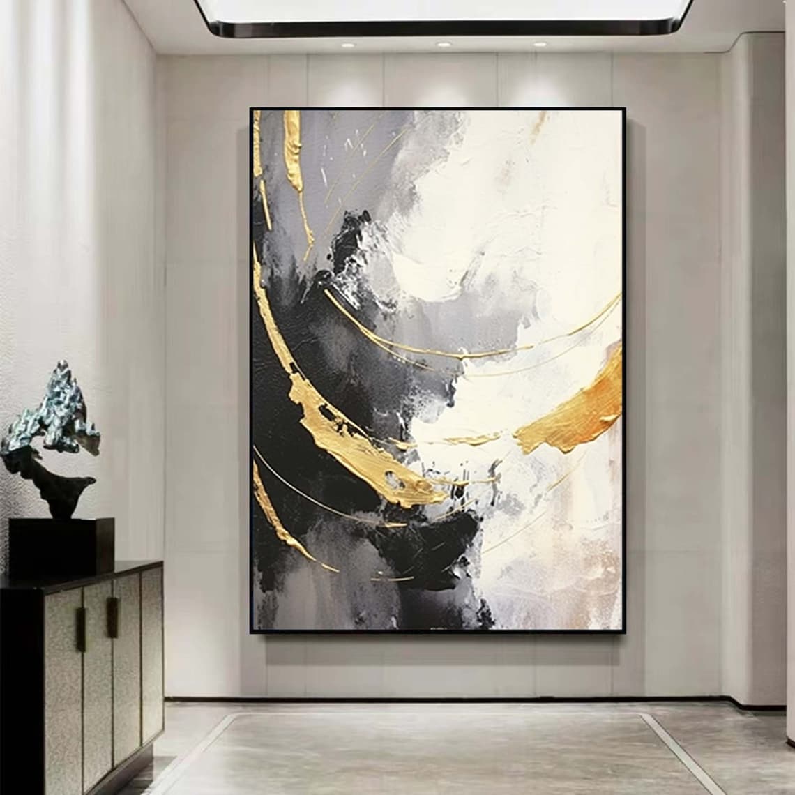 Oversized Abstract Painting,gray Black Gold Wall Art,large Abstract ...