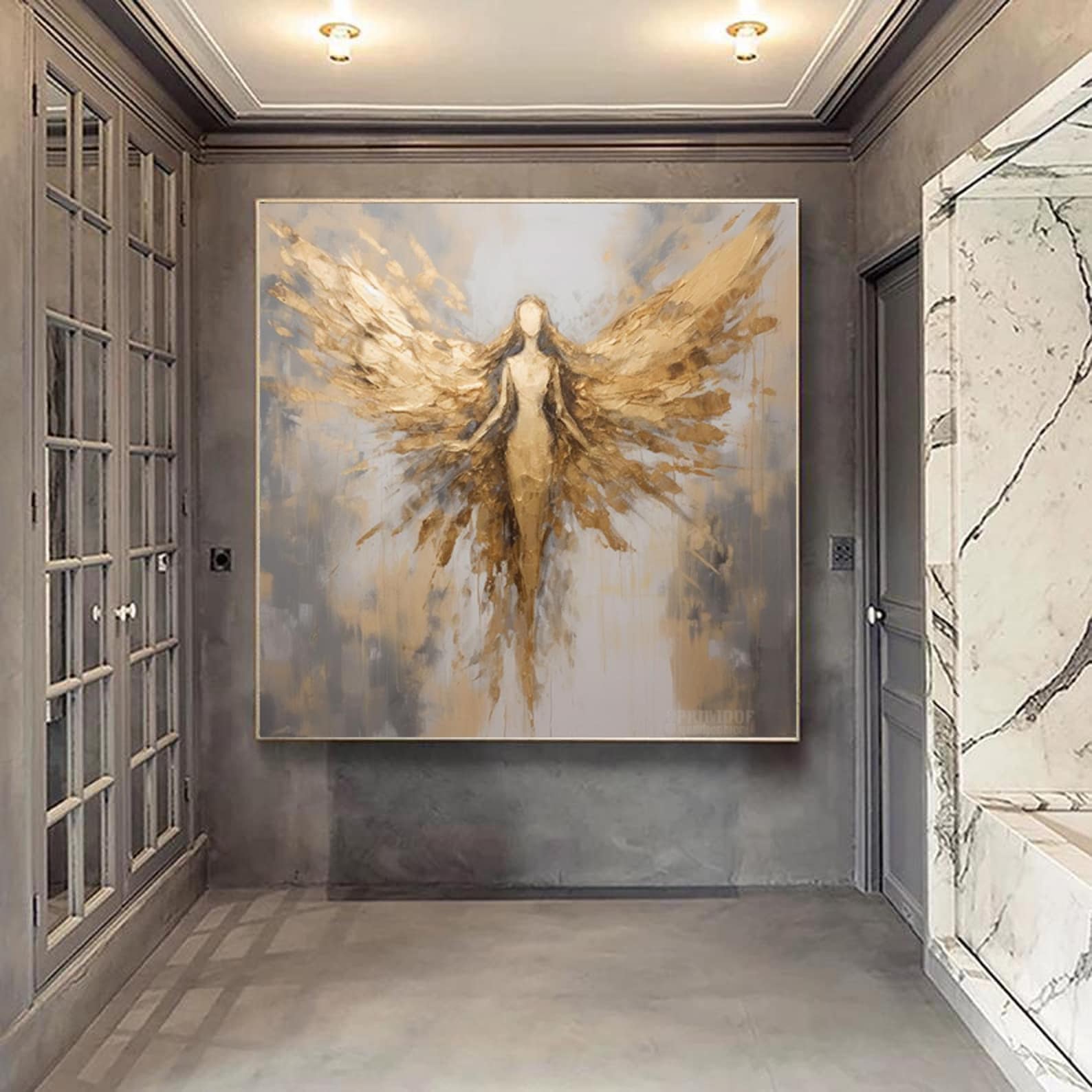 Extra Large Angel Wall Art,acrylic Painting,modern Gray Gold Figurative ...