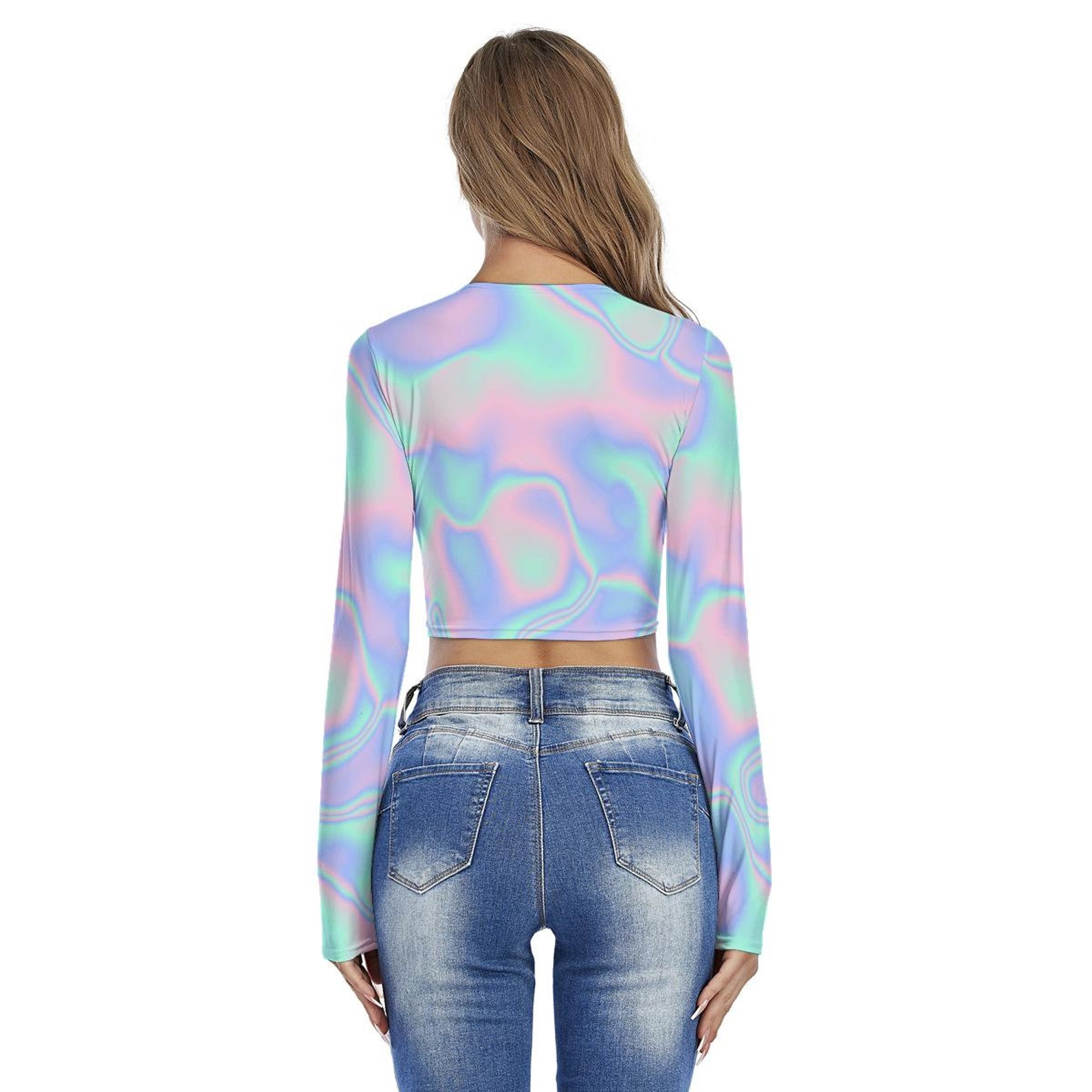 Ombre Iridescence Holographic Long Sleeves Crop Top Blue Pink - Etsy