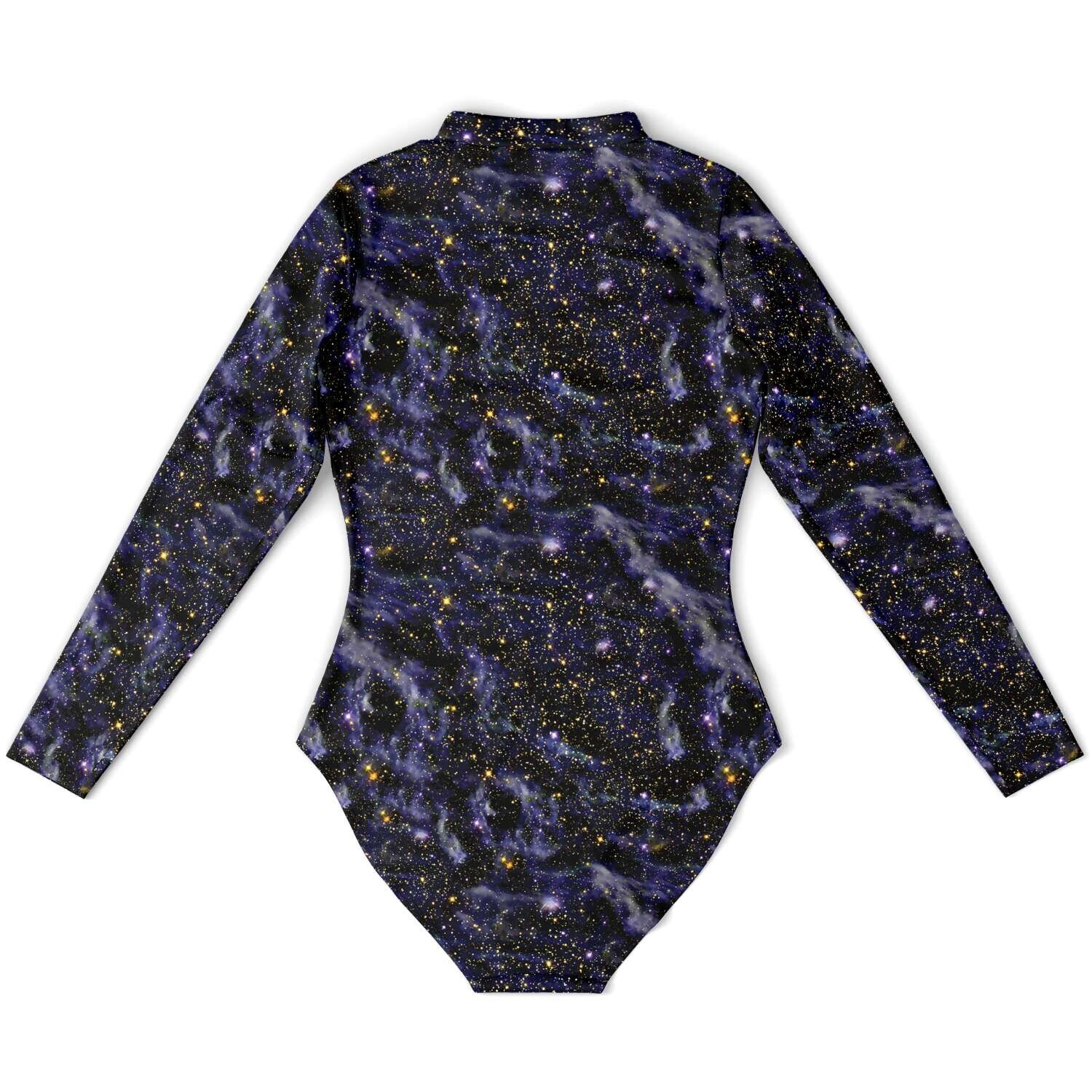 Blue Blaze Galaxy Space Clouds Stars Print Long Sleeve Bodysuit With Uv ...