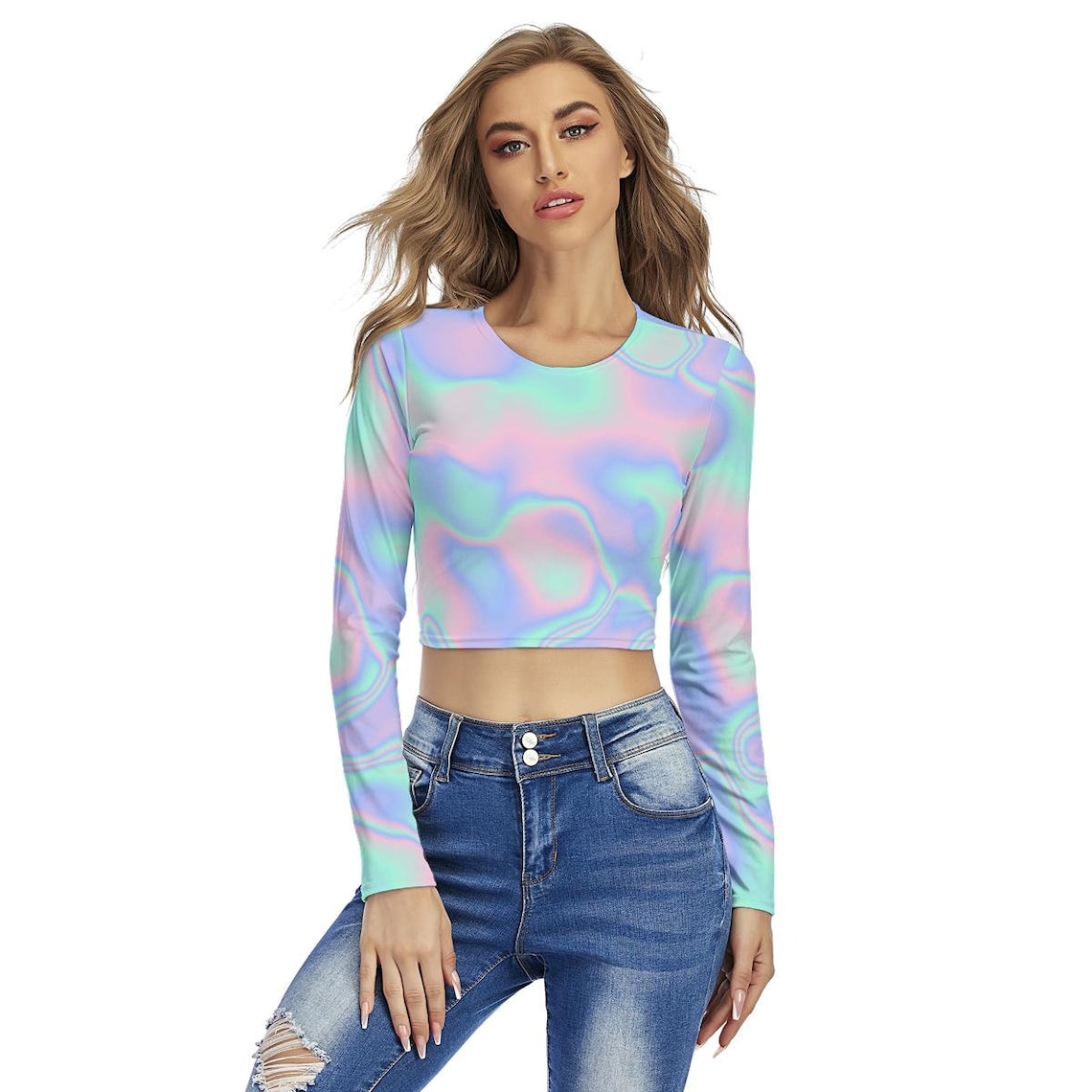 Ombre Iridescence Holographic Long Sleeves Crop Top Blue Pink - Etsy
