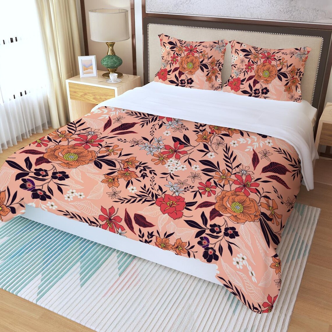 Peach Floral Print Three Piece Duvet Cover Set - Etsy UK