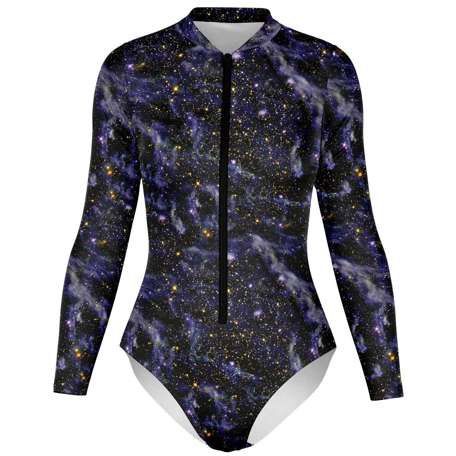 Blue Blaze Galaxy Space Clouds Stars Print Long Sleeve Bodysuit With Uv ...