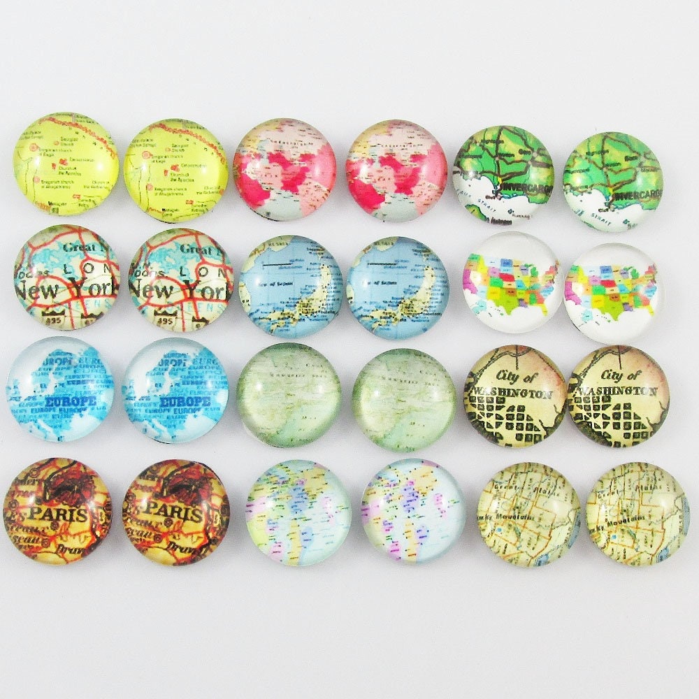 Glass Dome World Maps Cabochon 12mm Select 10 or 20 Pieces in Random ...