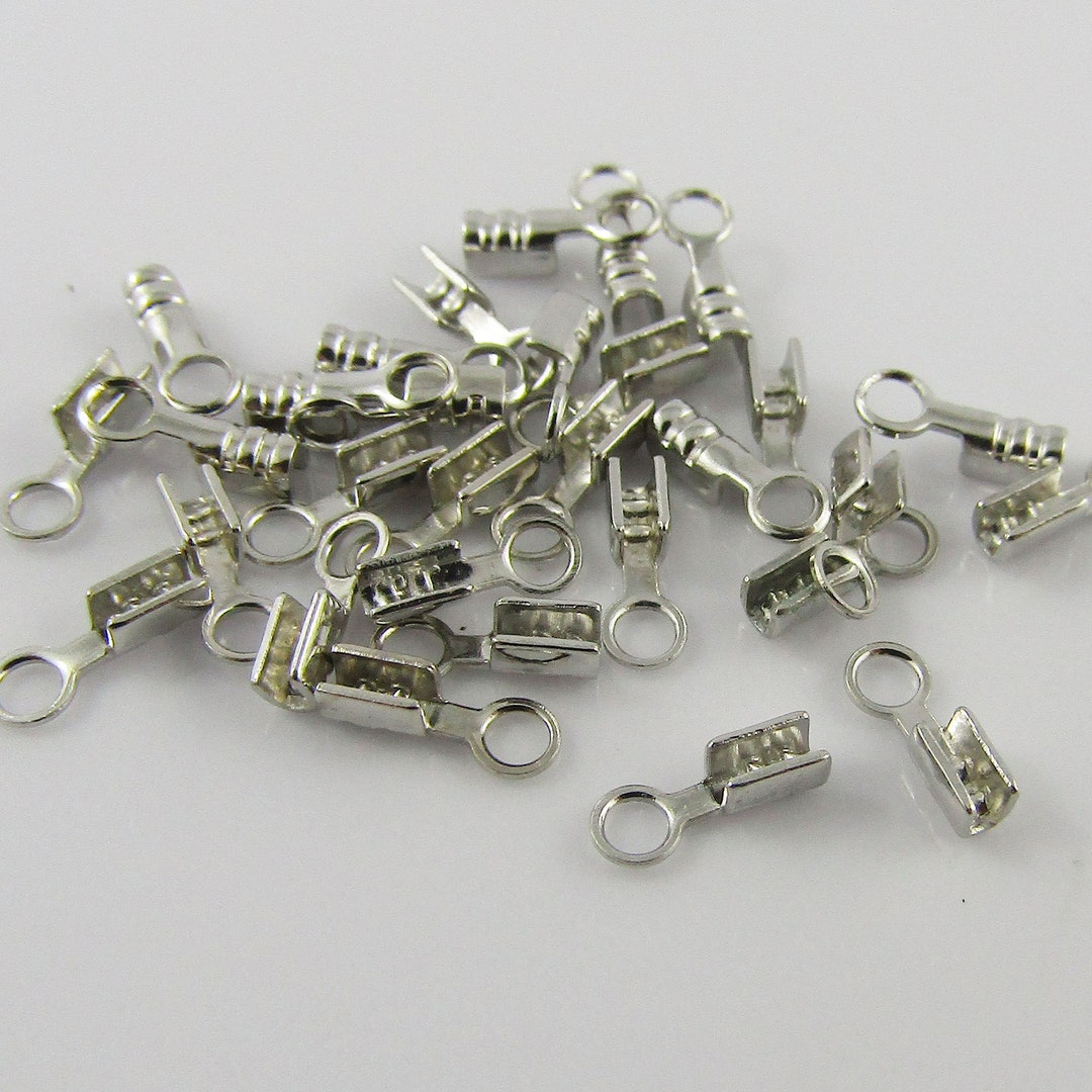 25 Sets (50pcs) Iron Fold Over Cord Crimp Ends 7x2mm Hole 1.5mm Silver ...