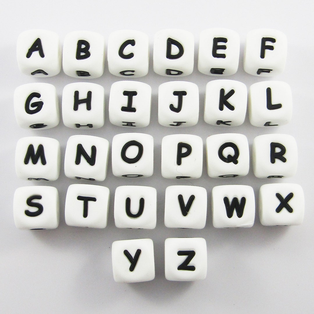 A-Z 26pc Set White Cube Letter Silicone Bead 12mm Hole 2mm Keychains ...