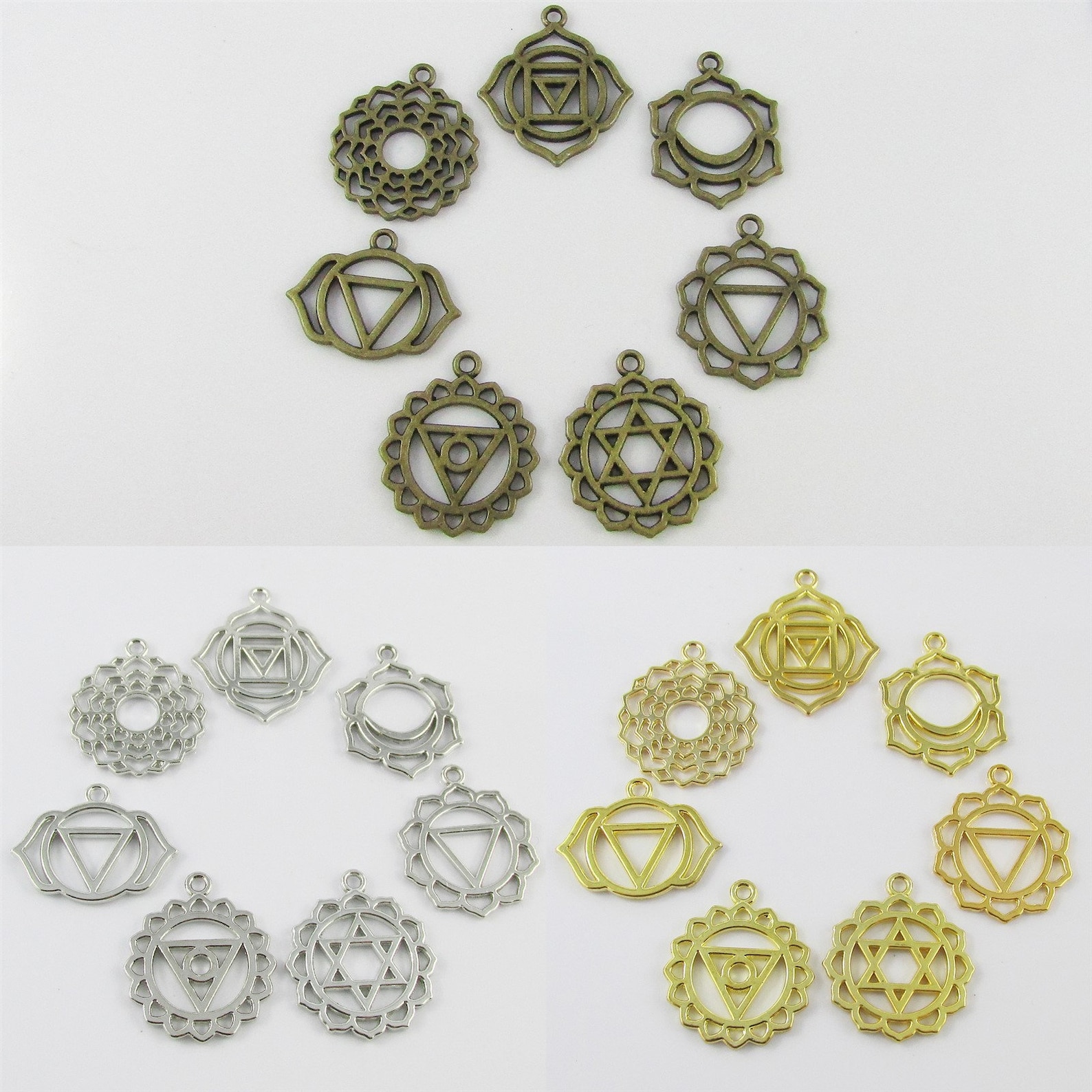 Set of 7 Chakra Charm Pendants Healing Select Bronze, Silver or Gold ...