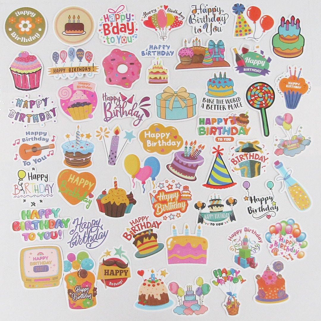50pcs PVC Happy Birthday Sticker Bundle Scrapbooking Cards Junk Journal ...