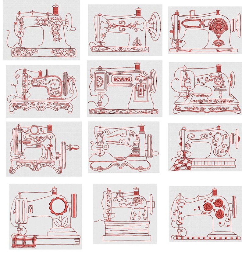 Vintage Sewing Machines Redwork Embroidered Quilt Blocks - Etsy