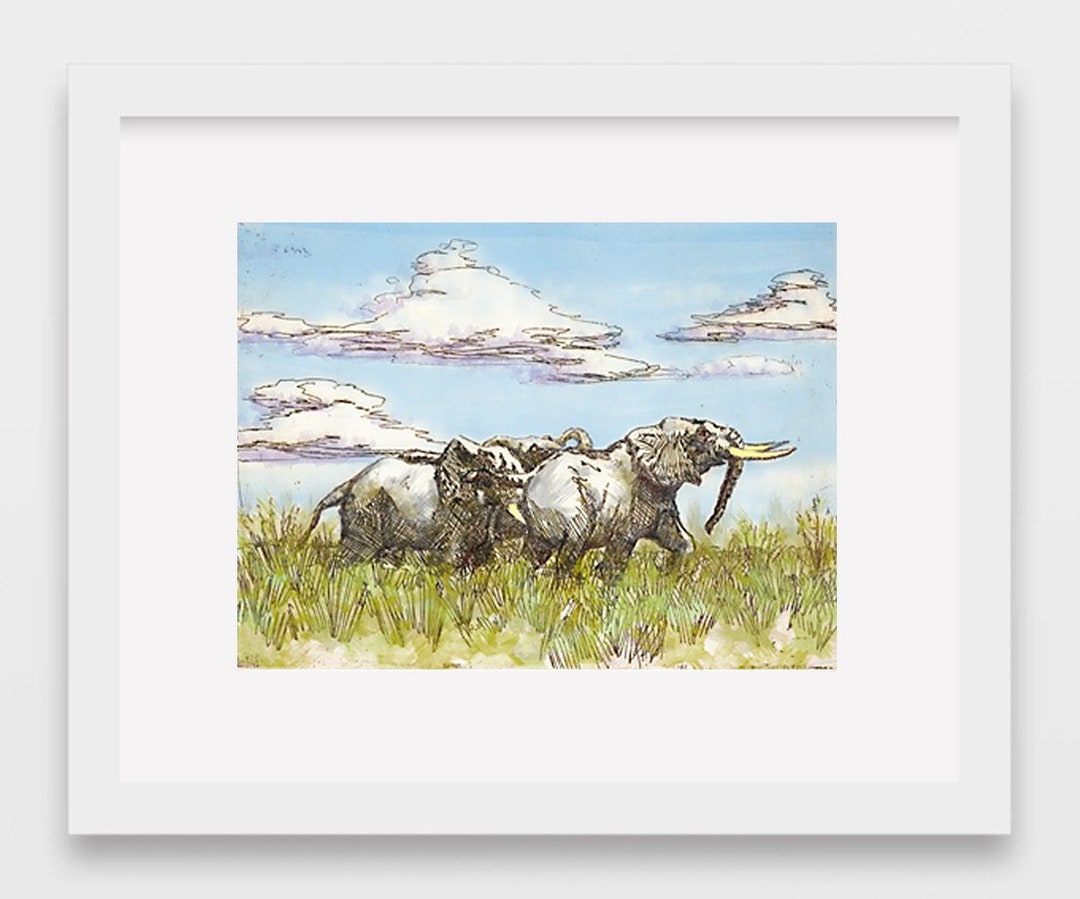 Elephants, Print, Color, Drawing, Illustration, Etching, Home, Office ...