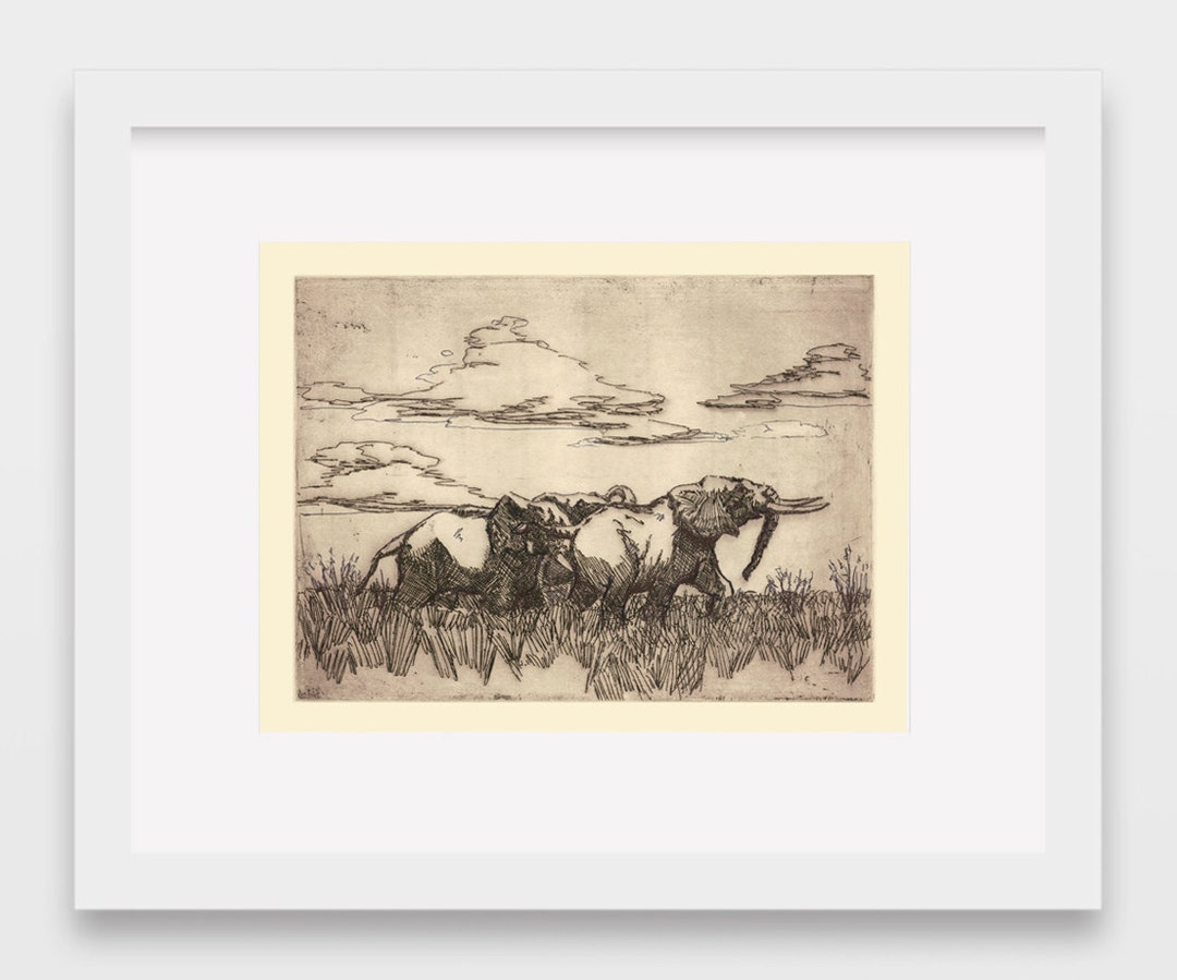 Elephants, Print, Color, Drawing, Illustration, Etching, Home, Office ...