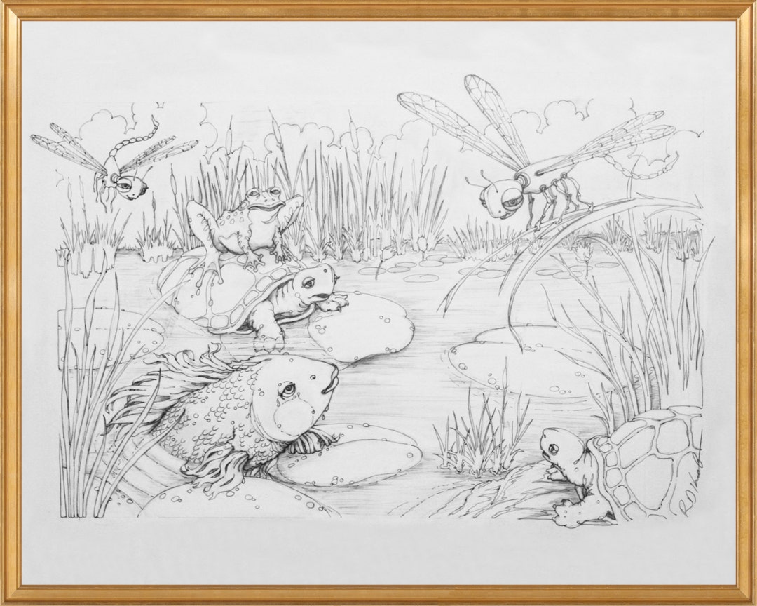 Magic Pond - Illustration, Print, Animals, Turtle, Dragonfly, Fish, Koi ...