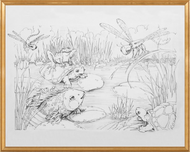 Magic Pond - Illustration, Print, Animals, Turtle, Dragonfly, Fish, Koi ...