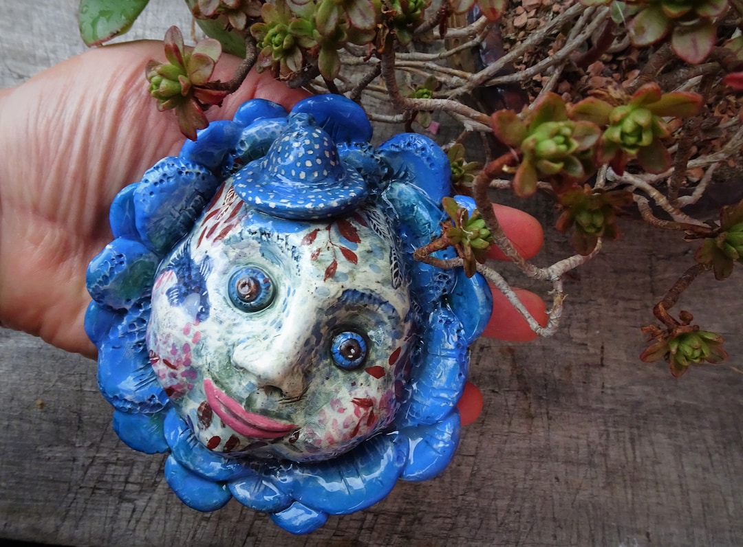 Handmade Ceramic Blue Flower Sculpture With Charming Face and Delicate ...