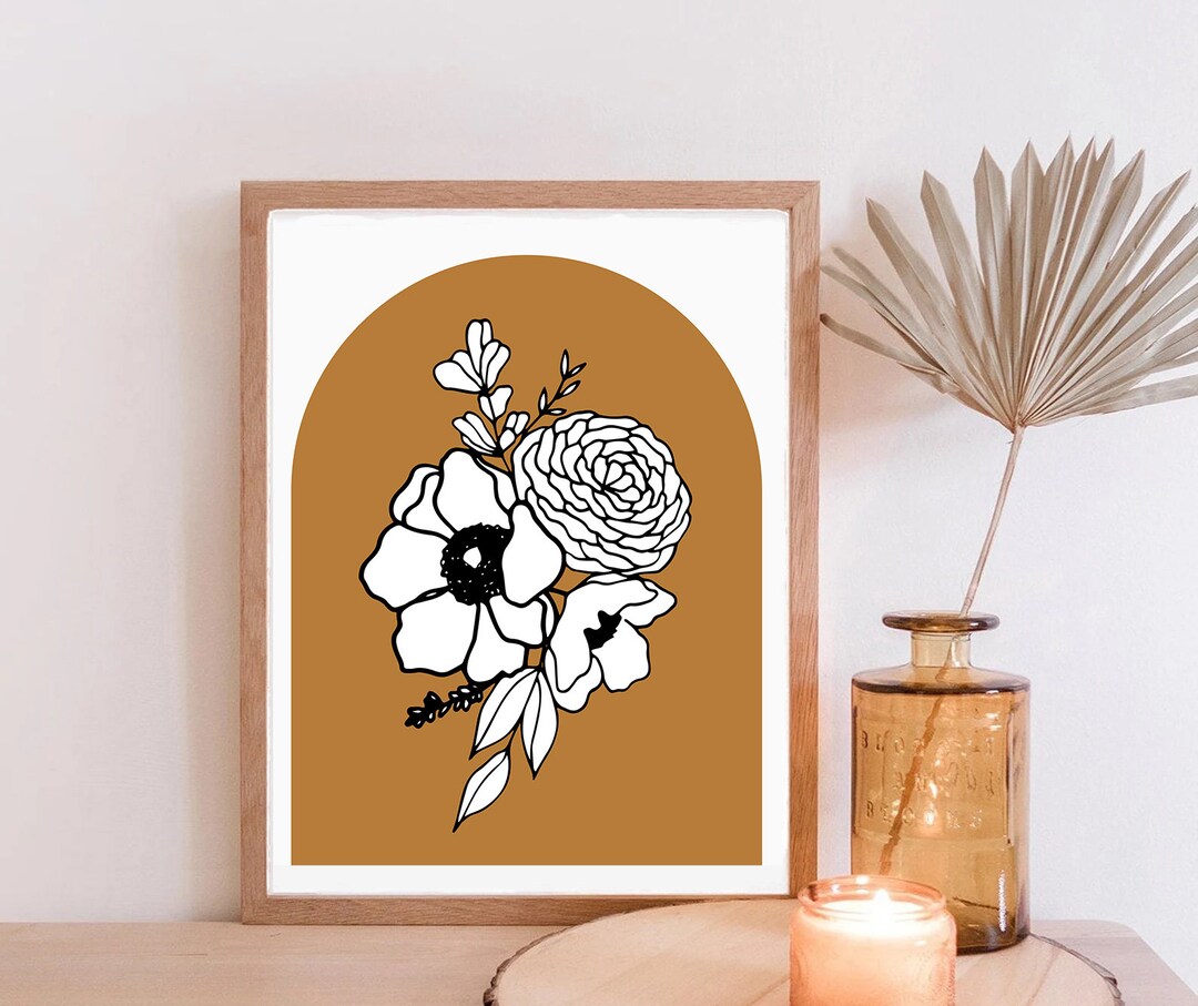 Modern Florals on Ochre Art Print - Hand Drawn Flowers Bohemian Decor ...