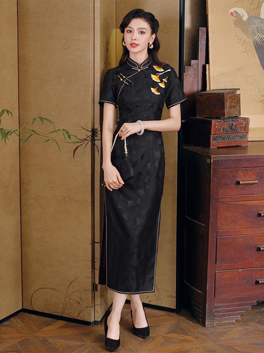 Black Silk Qipao Dress Leaf Pattern Traditional Qipao Dress - Etsy