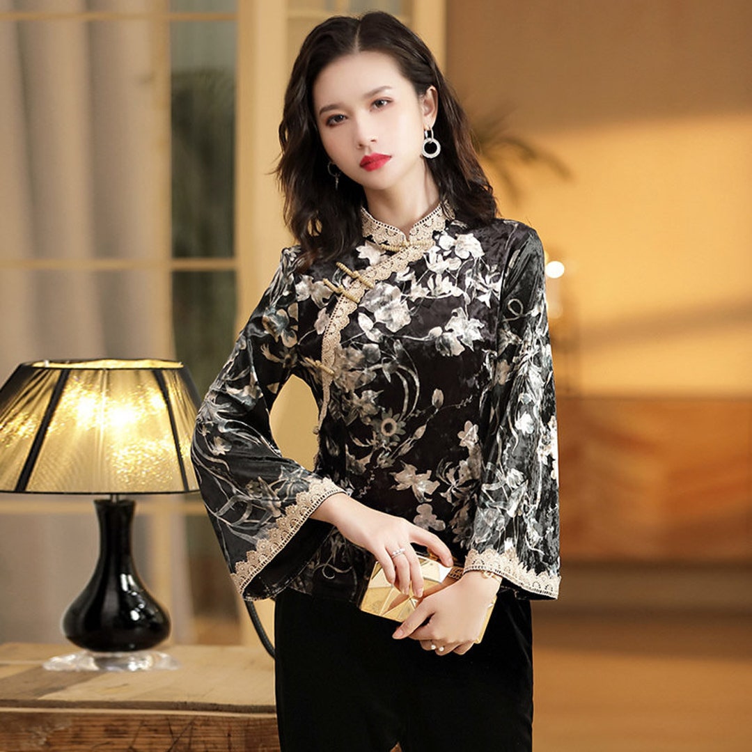 Velvet Autumn Shirt, Cheongsam Top, Chinese Style Shirt,flared Long ...