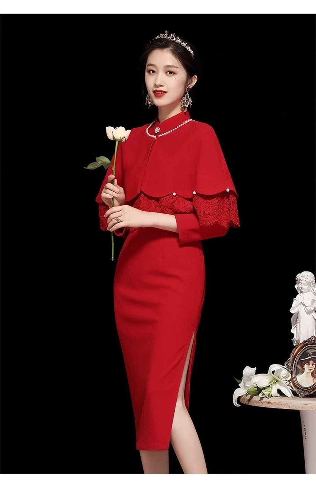 Red Chinese Cheongsam Dress Traditional Qipao Tea Ceremony Dress 90s ...