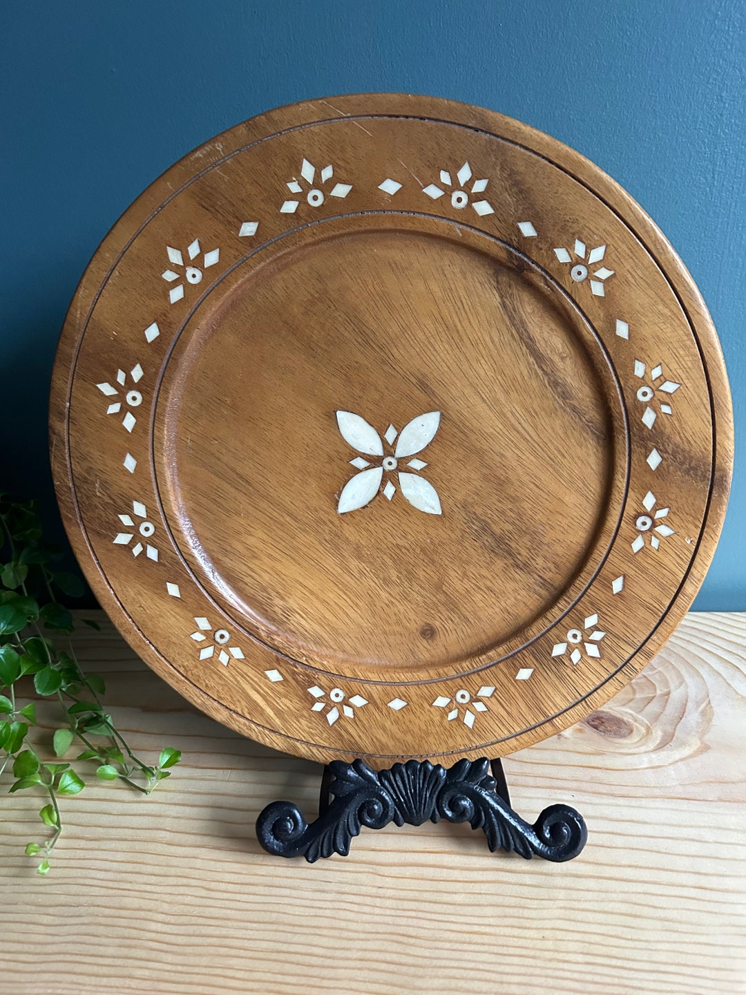 Vintage Wood Plate With Inlay Design, 1970s Serveware, Cottage Decor ...