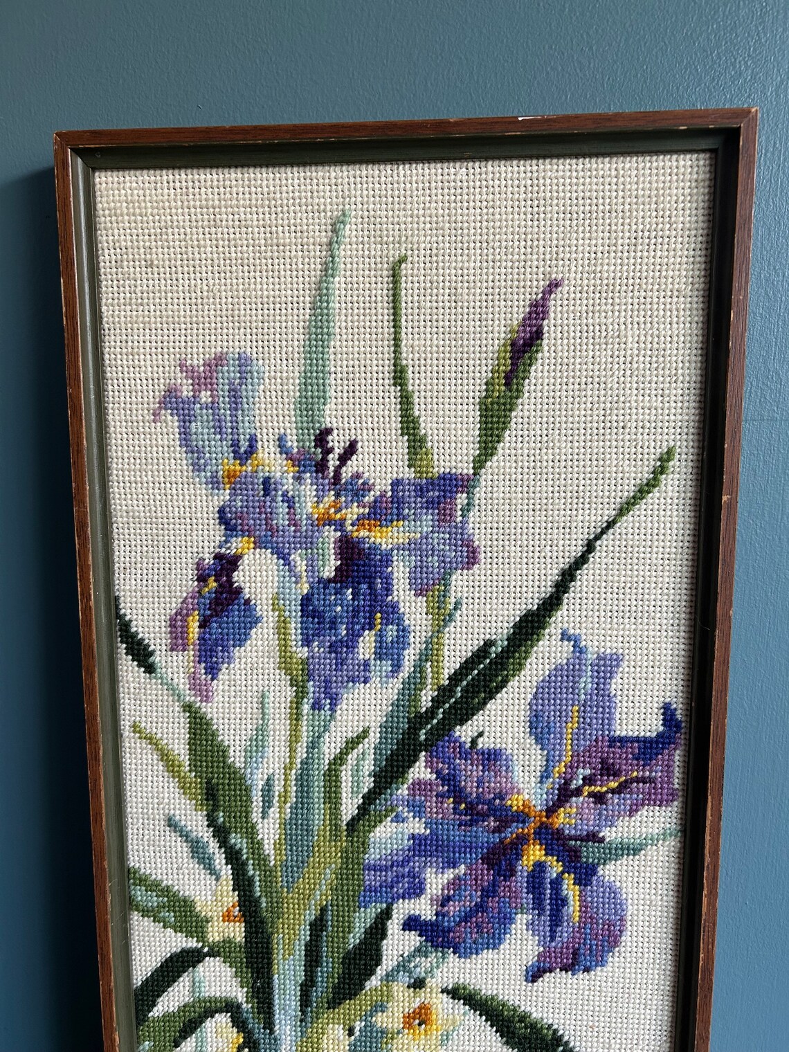 Vintage Floral Needlepoint Wall Art, Iris and Daffodils Wood Frame ...