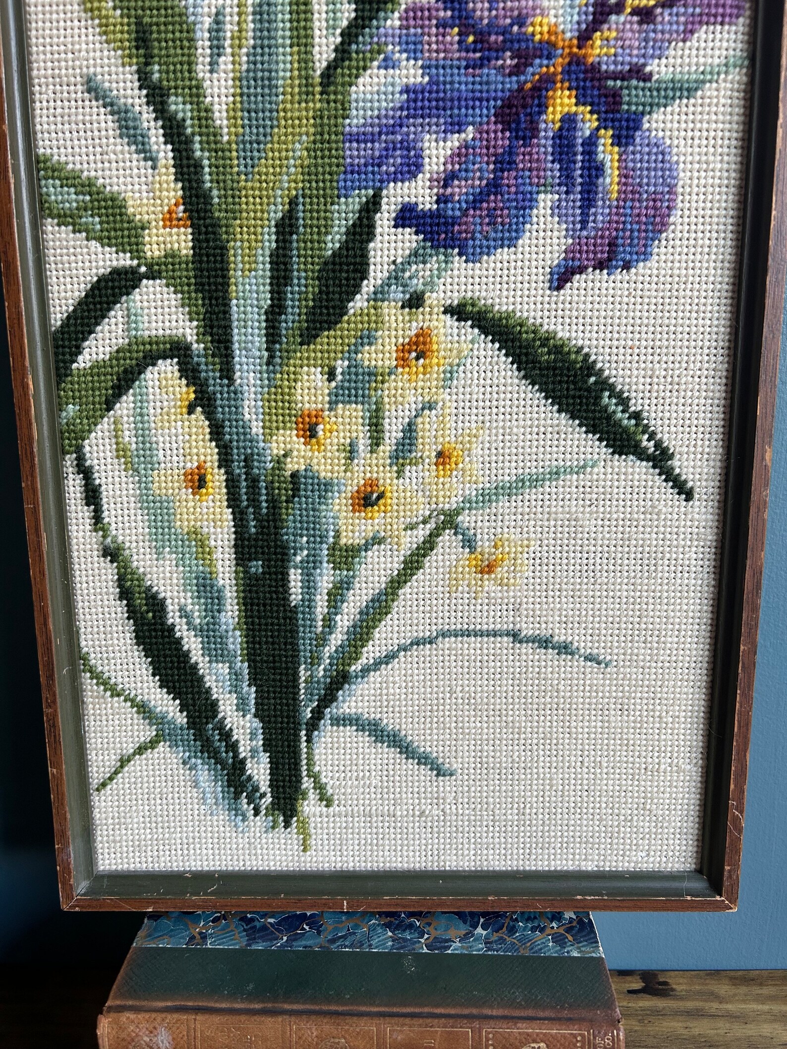 Vintage Floral Needlepoint Wall Art, Iris and Daffodils Wood Frame ...