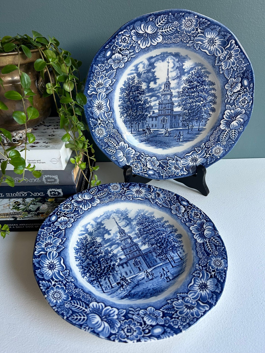 Vintage Liberty Blue Independence Hall Plates, Staffordshire Ironstone ... Vintage Liberty Blue Independence Hall Plates, Staffordshire Ironstone ...