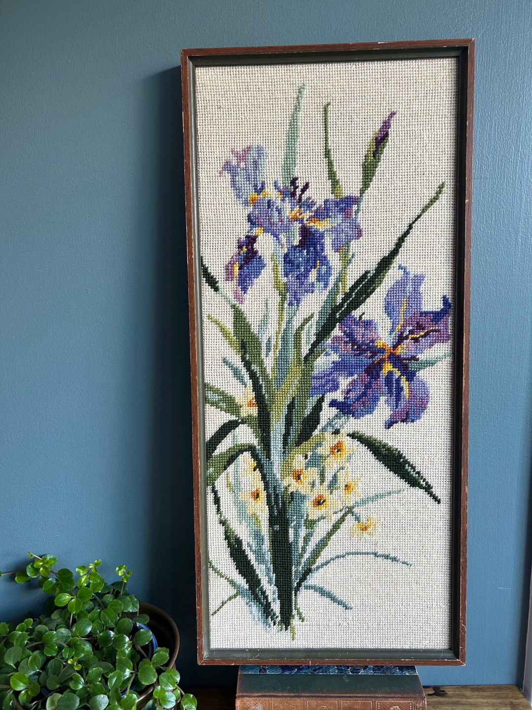 Vintage Floral Needlepoint Wall Art, Iris and Daffodils Wood Frame ...