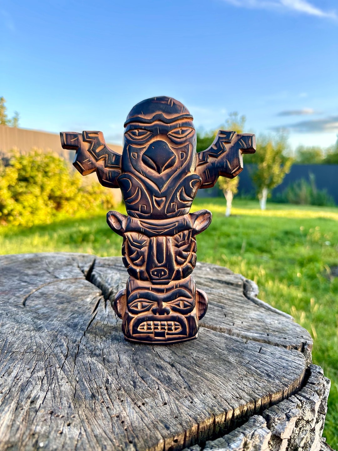 Hand Carved Wooden Totem Statue Tribal Tiki Style Home Decor Spirit ...