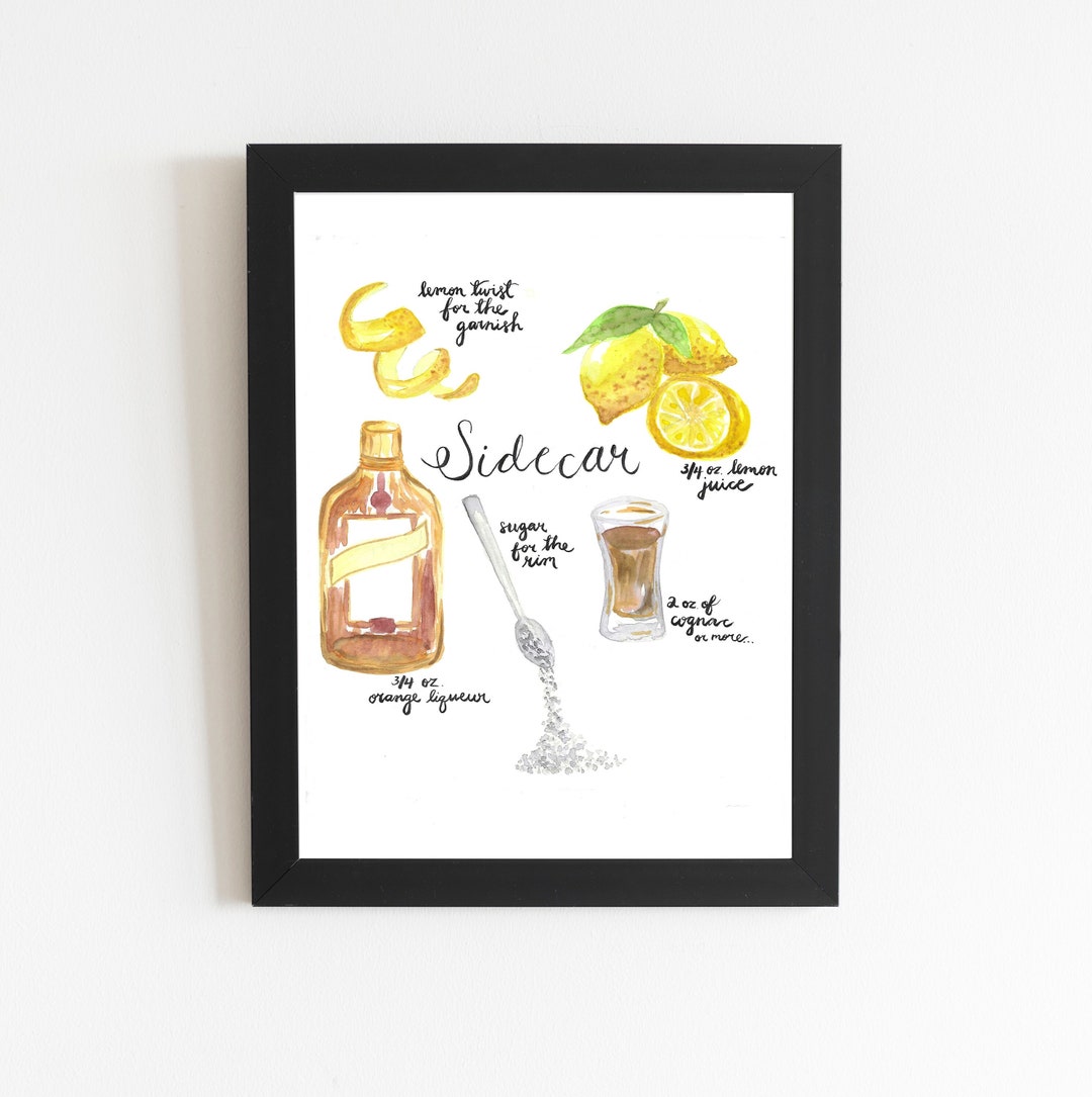 Sidecar Ingredients | Cocktail Art | Watercolor Art | Bar Cart Art ...