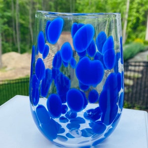 Hand Blown Glass: Blue Polka Dot Stemless Wine Glass - Etsy