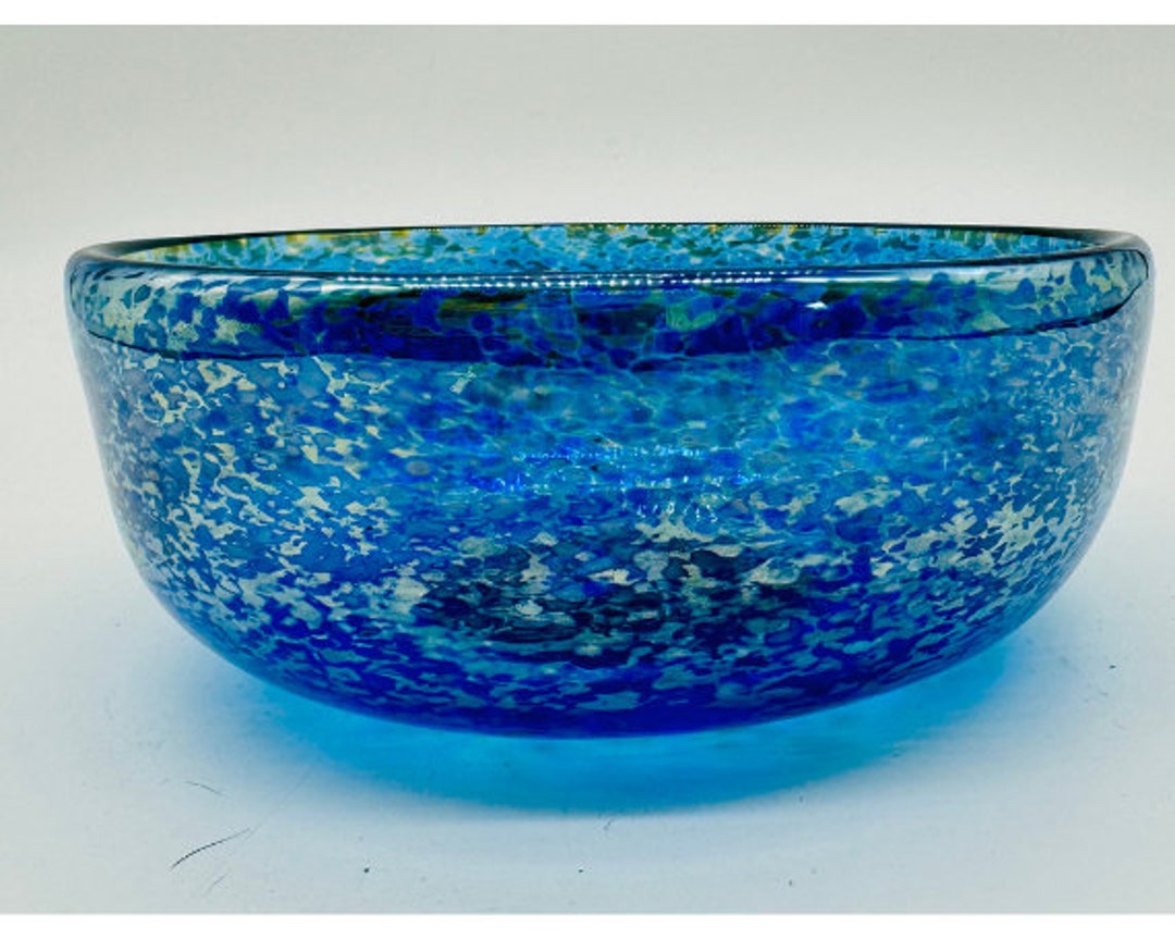 Hand Blown Glass: Blue Iridescent Low Bowl Made by Kevin Lurie - Etsy