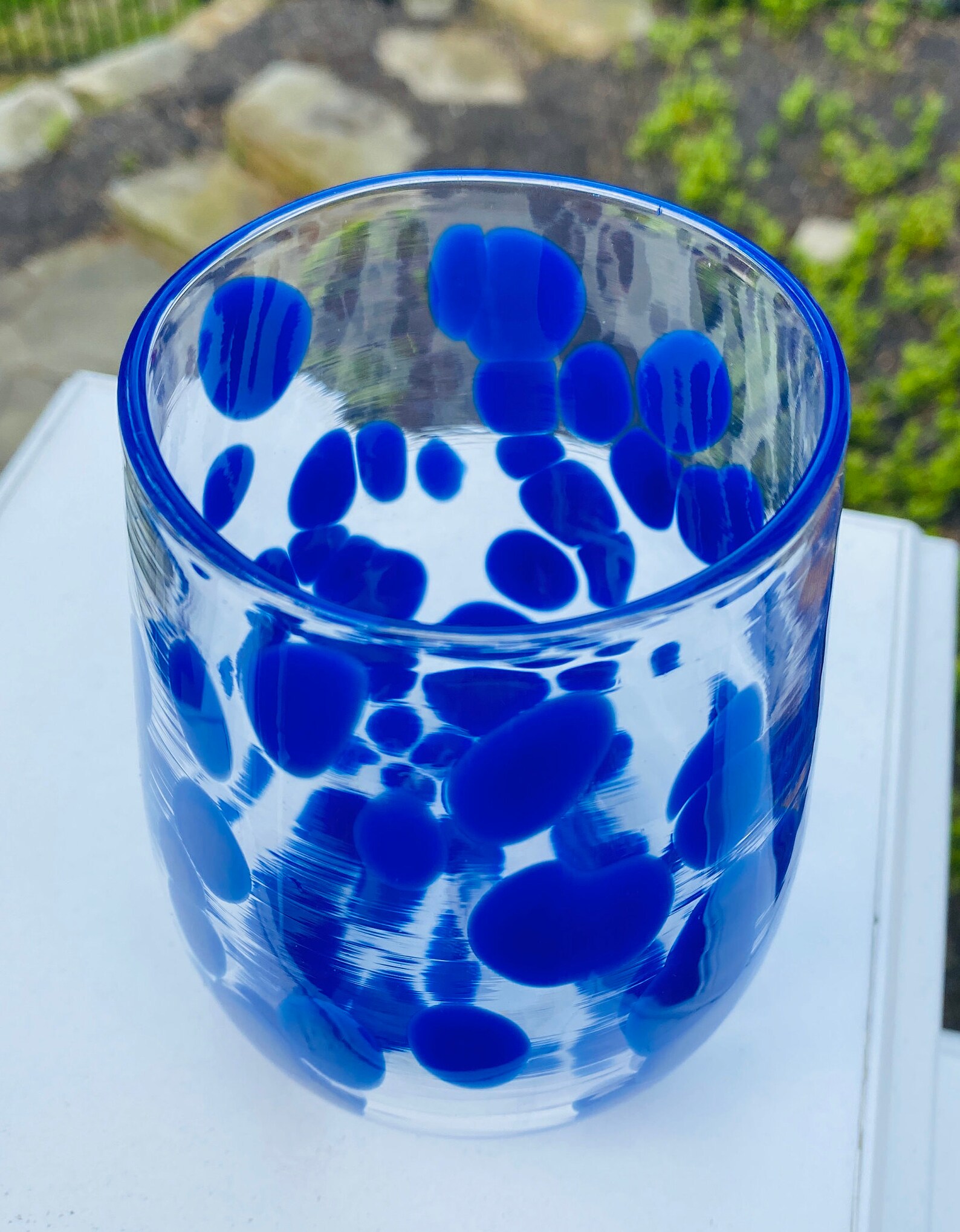 Hand Blown Glass: Blue Polka Dot Stemless Wine Glass - Etsy
