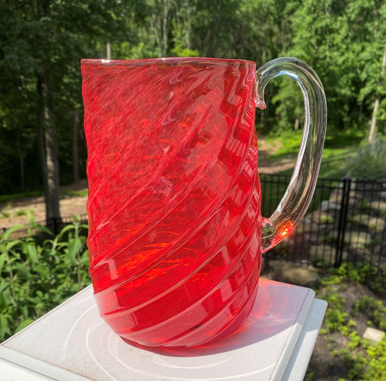 Hand Blown Glass: Red Optic Twist Pitcher - Etsy