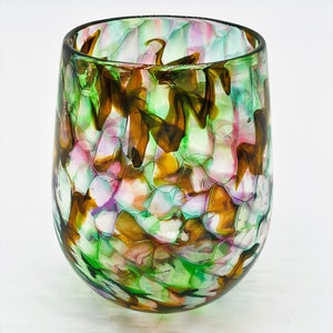 Hand Blown Glass: Green Mix Double Optic Stemless Wine Glass - Etsy