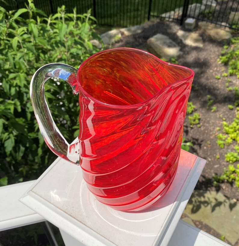 Hand Blown Glass: Red Optic Twist Pitcher - Etsy