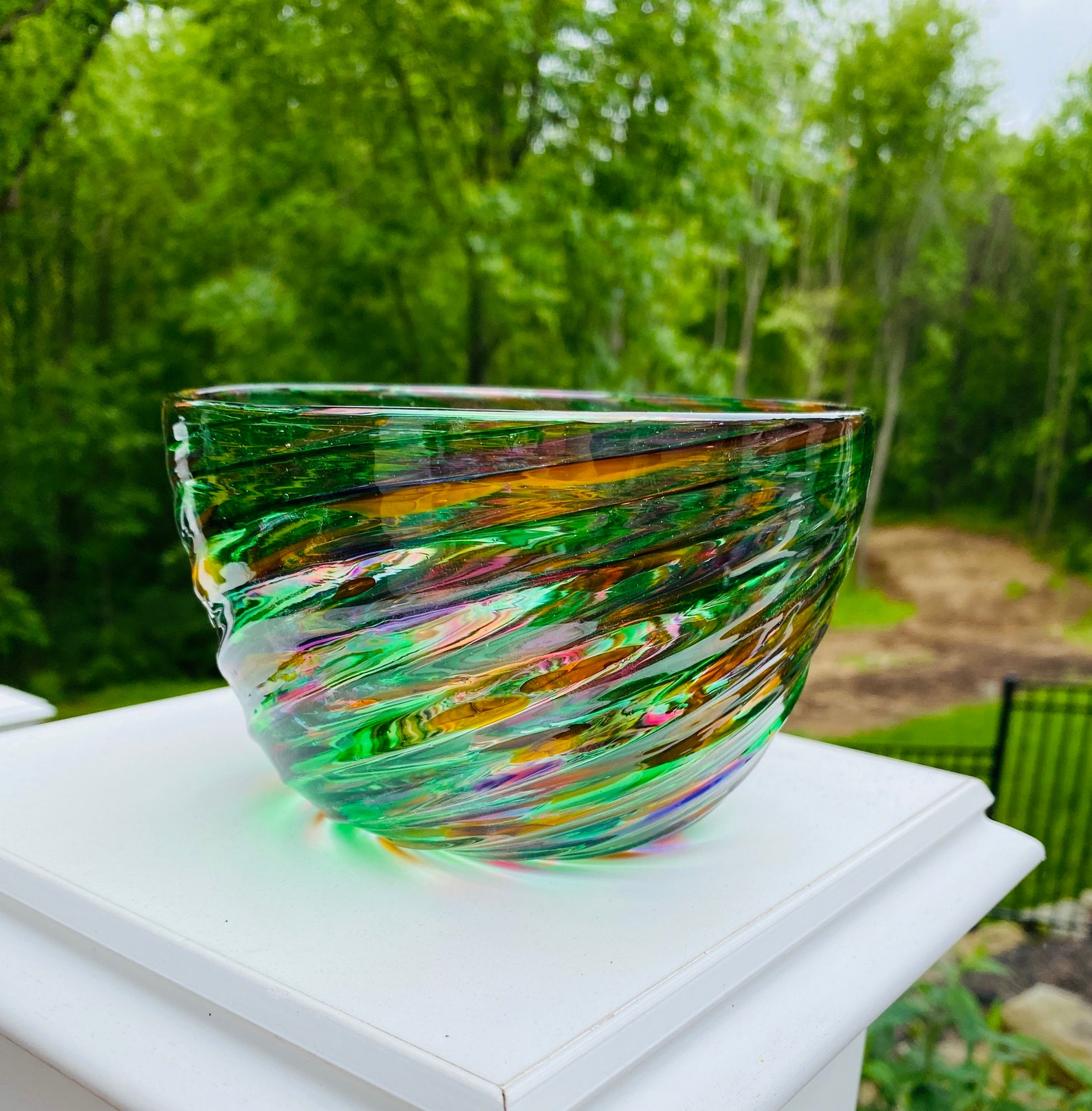 Hand Blown Glass: Green Mix Optic Twist Bowl | Etsy