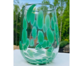 Hand Blown Glass: Blue Polka Dot Stemless Wine Glass | Etsy