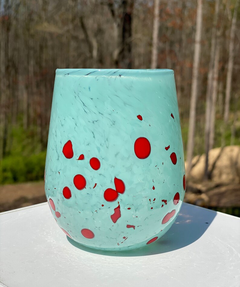 Hand Blown Glass: Robins Egg Blue and Red Stemless Wine Glass | Etsy