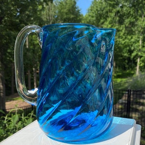 Hand Blown Glass: Blue Optic Twist Pitcher - Etsy