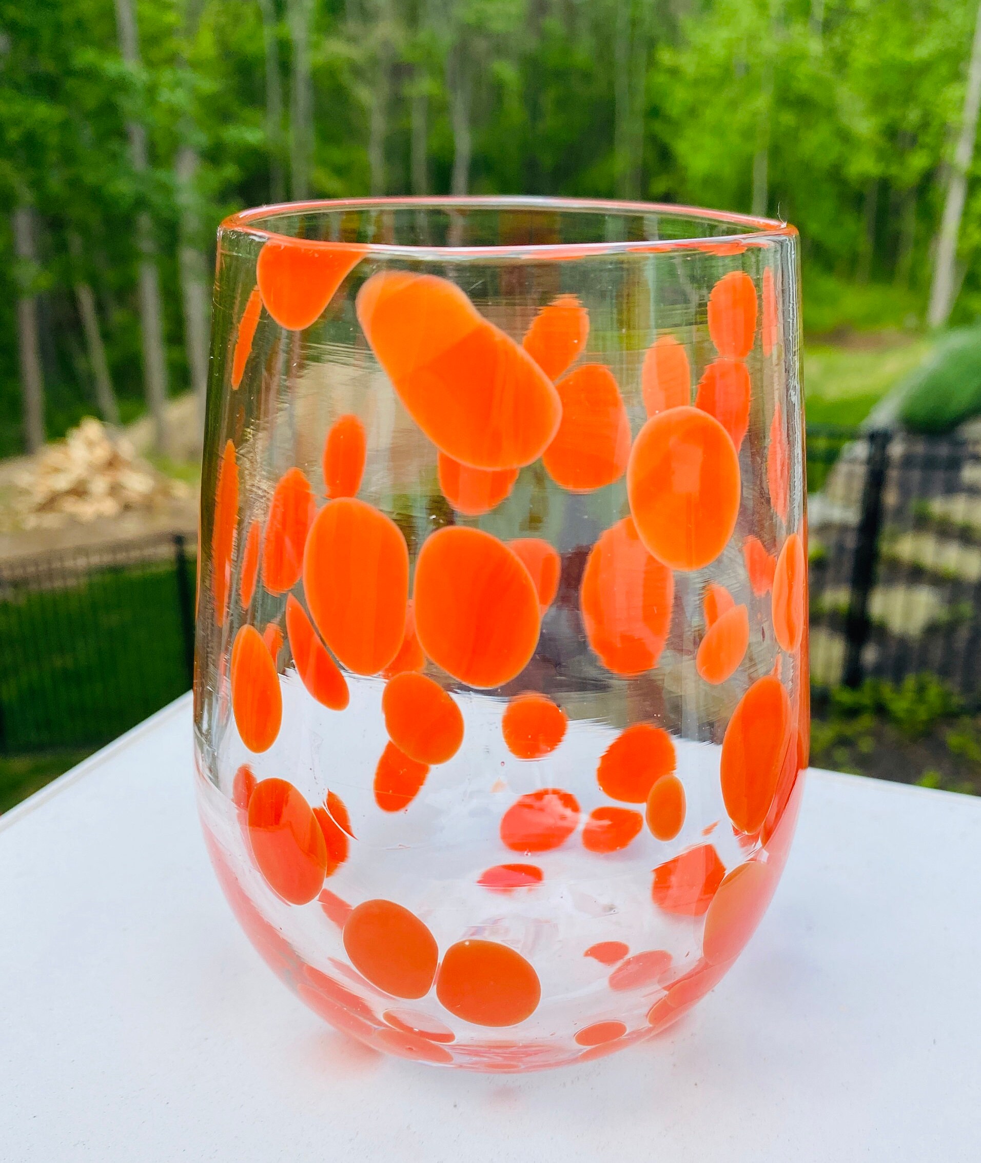 Hand Blown Glass: Orange Polka Dot Stemless Wine Glass | Etsy