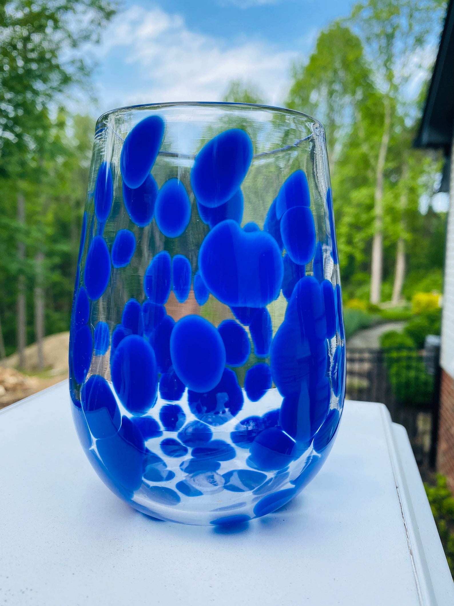 Hand Blown Glass: Blue Polka Dot Stemless Wine Glass - Etsy