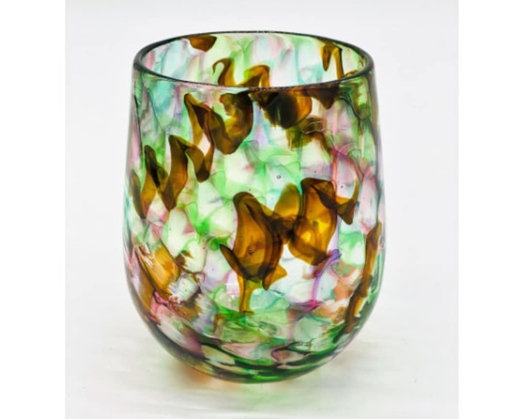 Hand Blown Glass: Green Mix Double Optic Stemless Wine Glass - Etsy