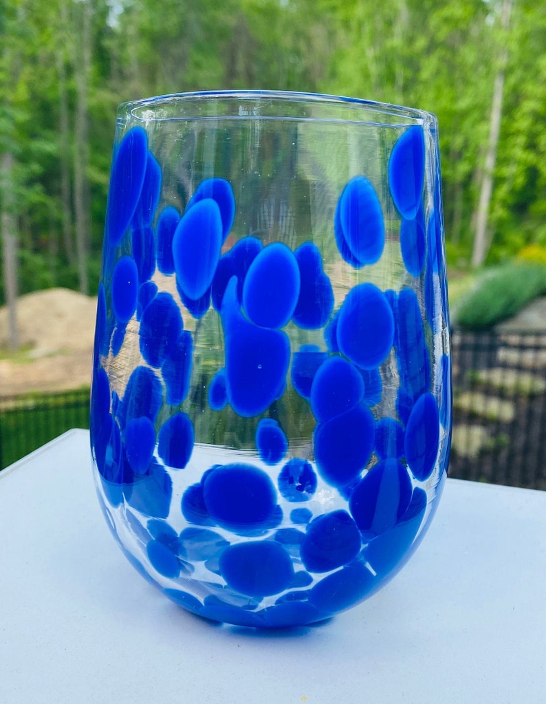 Hand Blown Glass: Blue Polka Dot Stemless Wine Glass - Etsy