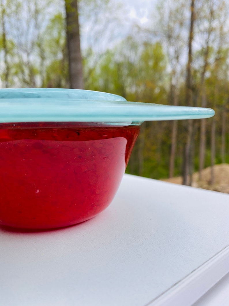 Hand Blown Glass: Red and Blue Rimmed Bowl | Etsy