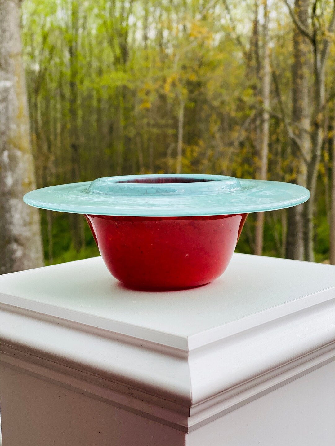 Hand Blown Glass: Red and Blue Rimmed Bowl - Etsy